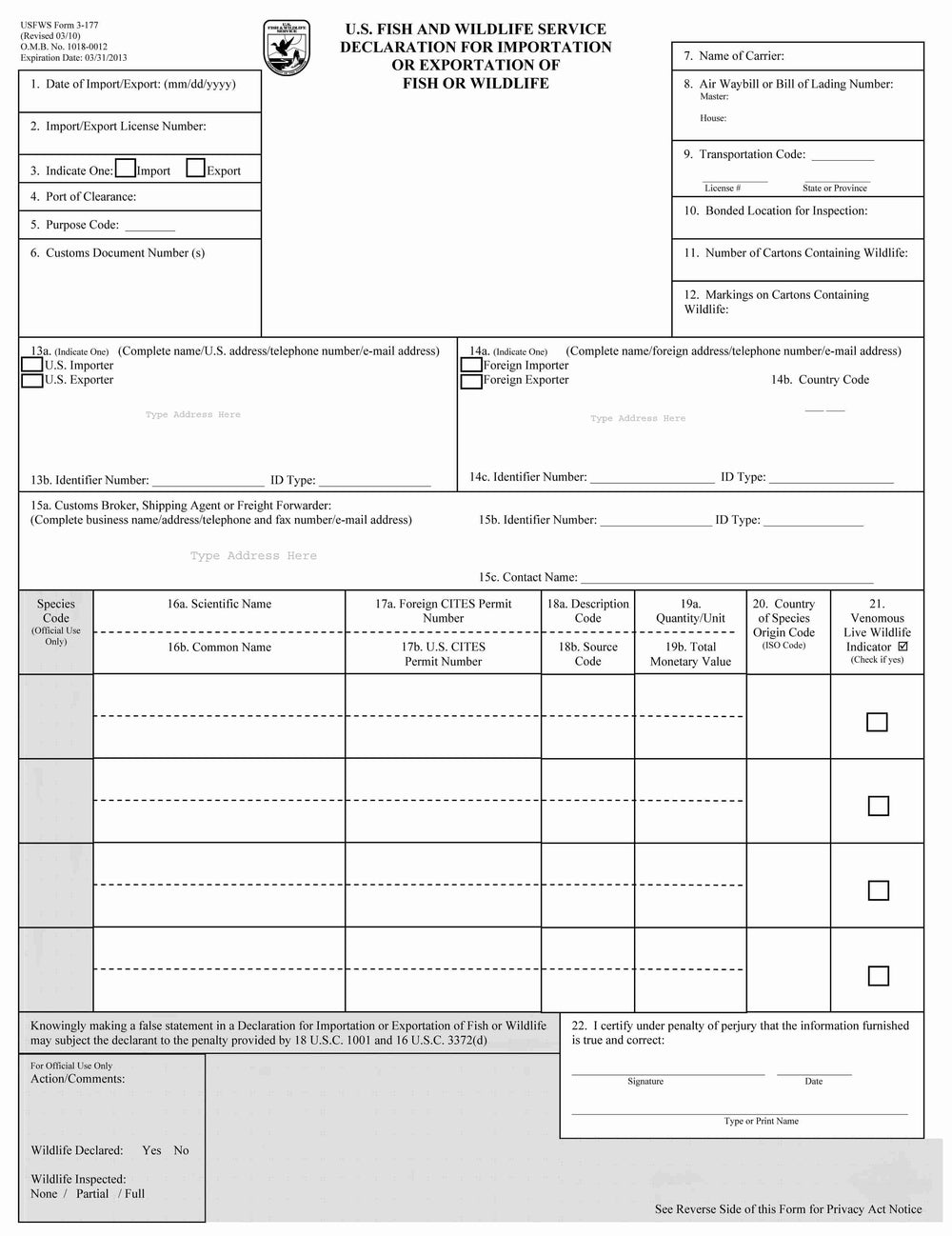 U.S. Fish & Wildlife CITES Export Permit - Mother of Pearl Shell ...